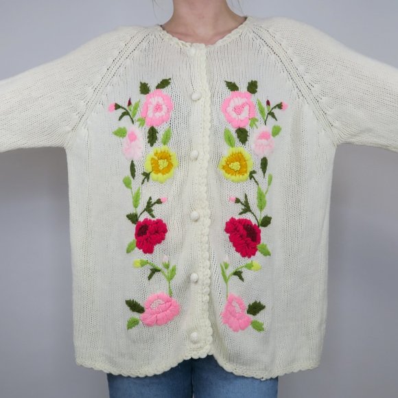 Sweaters | Vintage 6s Floral Embroidered Knit Cardigan Sweater | Poshmark